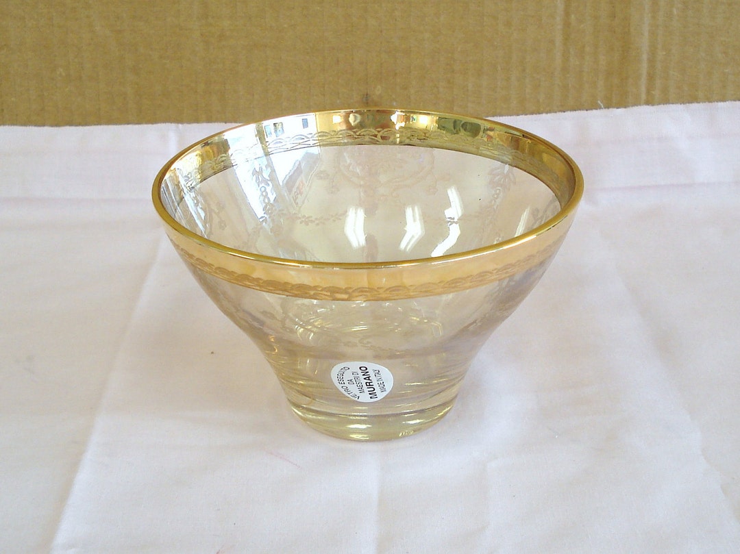 Vintage MURANO SILVESTRI Gold Platted Rim on Pastel Yellow Etched Art ...