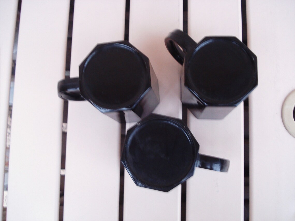 ARCOROC France 3 Black Glass Octagon Cups. - Etsy