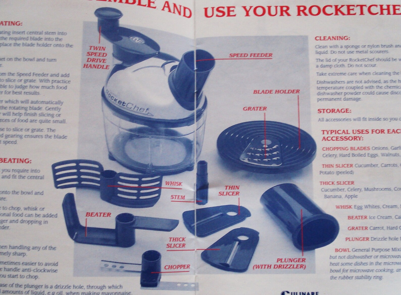 Culinare ROCKET CHEF Manual Food Processor Bowl Lid Blade Plate Stand ...