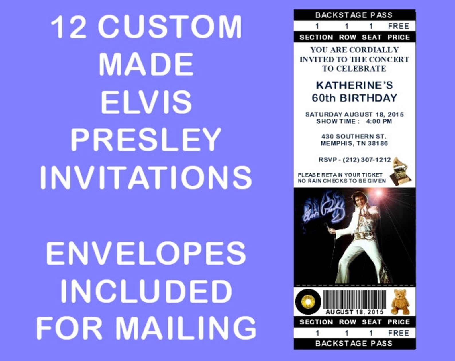 12 Personalized Elvis Presley Party Invitations FREE SHIPPING ...