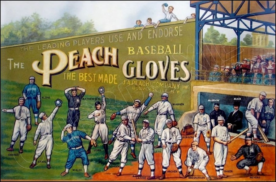 1910 Peach Baseball Gloves Store Counter Advertising Standup Sign Repro ...