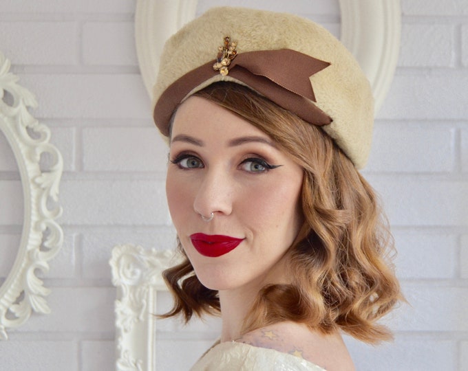 Vintage 1950s Fuzzy Wool Beige Hat With Brown Ribbon and Rhinestones by ...