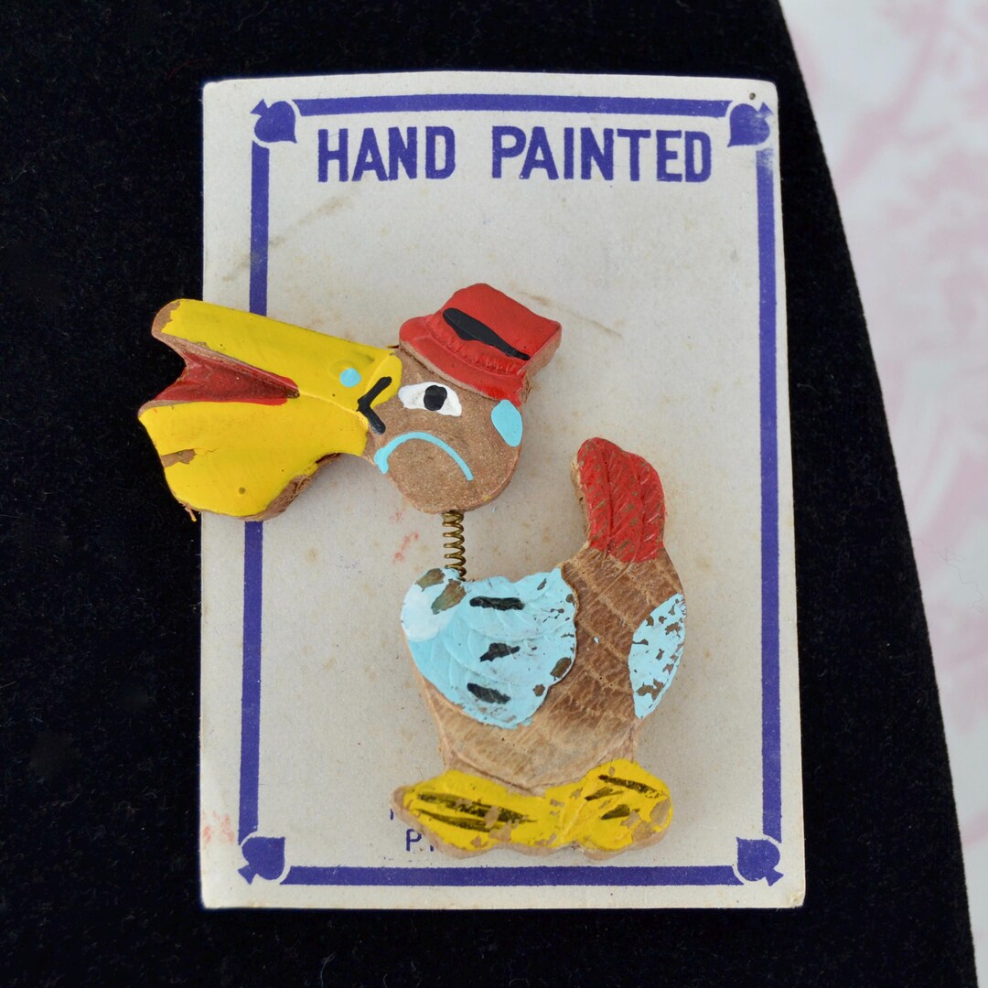 Vintage Wood Pelican Bird Brooch With Spring Bobble Head Made in Japan ...