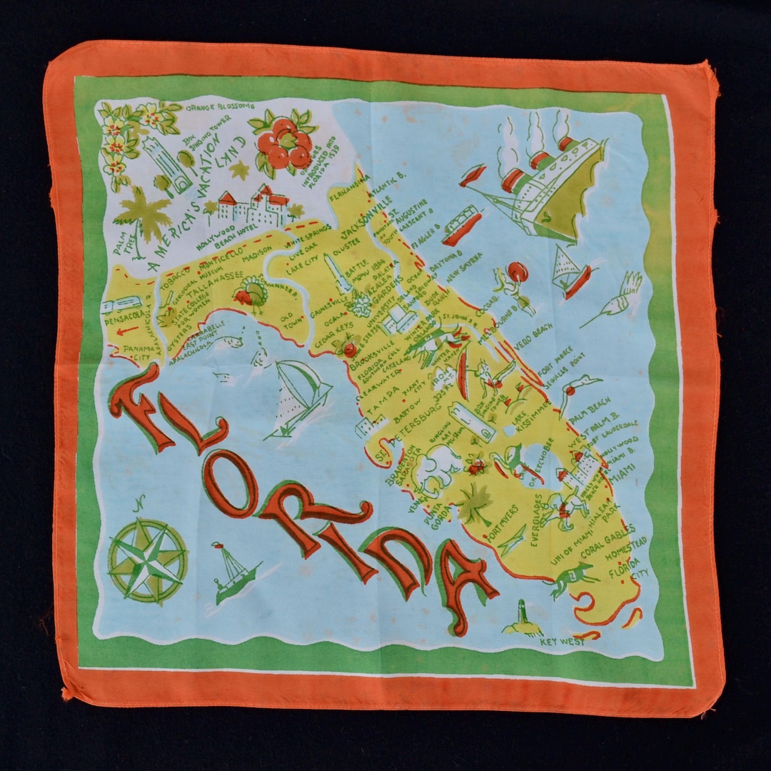 Vintage Florida State Souvenir Handkerchief With Map and Illustrations ...