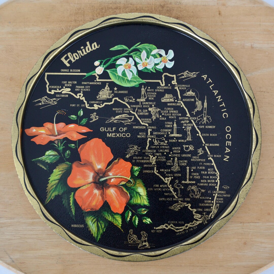 Vintage Florida State Souvenir Tin Tray in Black With Map and ...