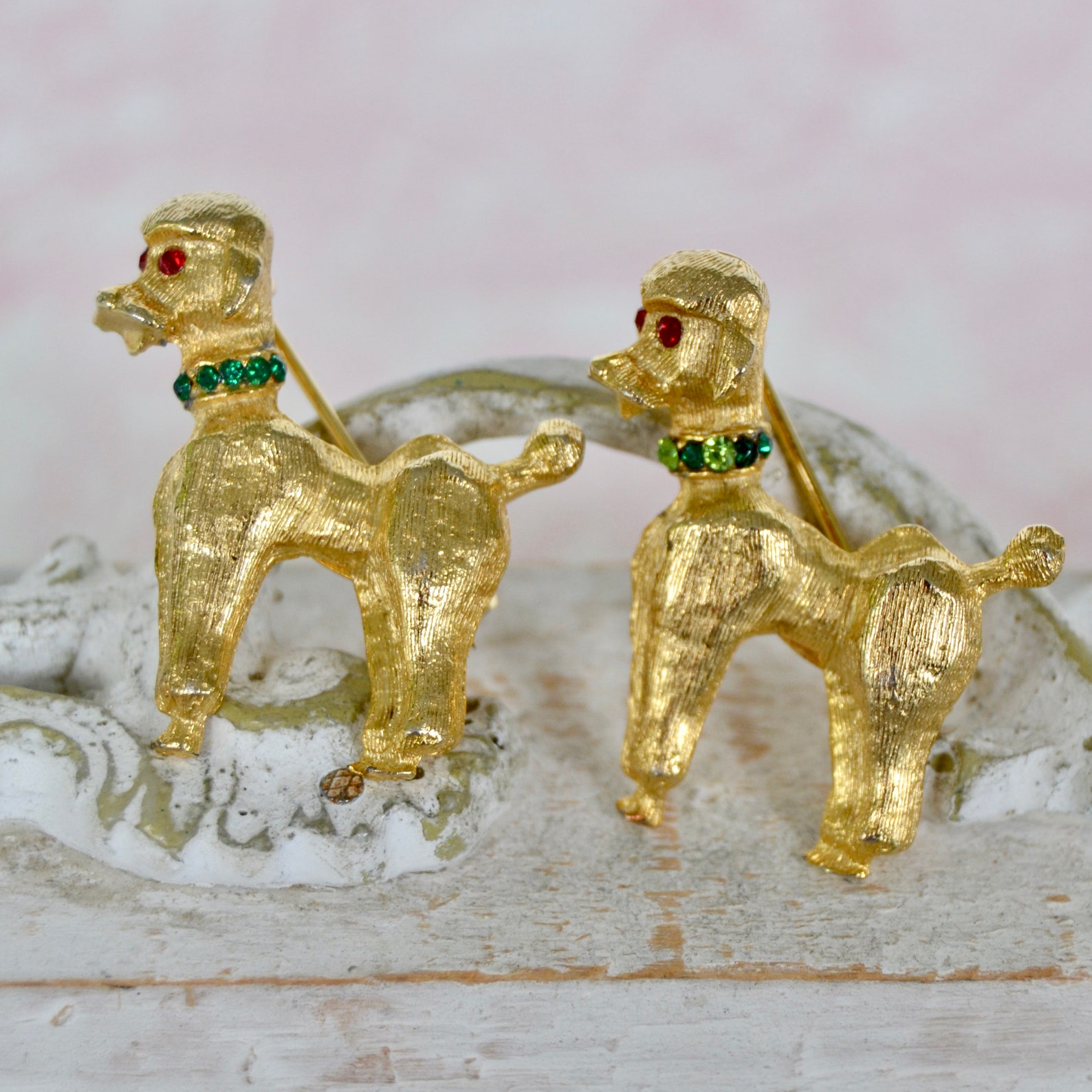 Vintage Pair of Poodle Pins Made of Gold Tone Metal With Green | Etsy