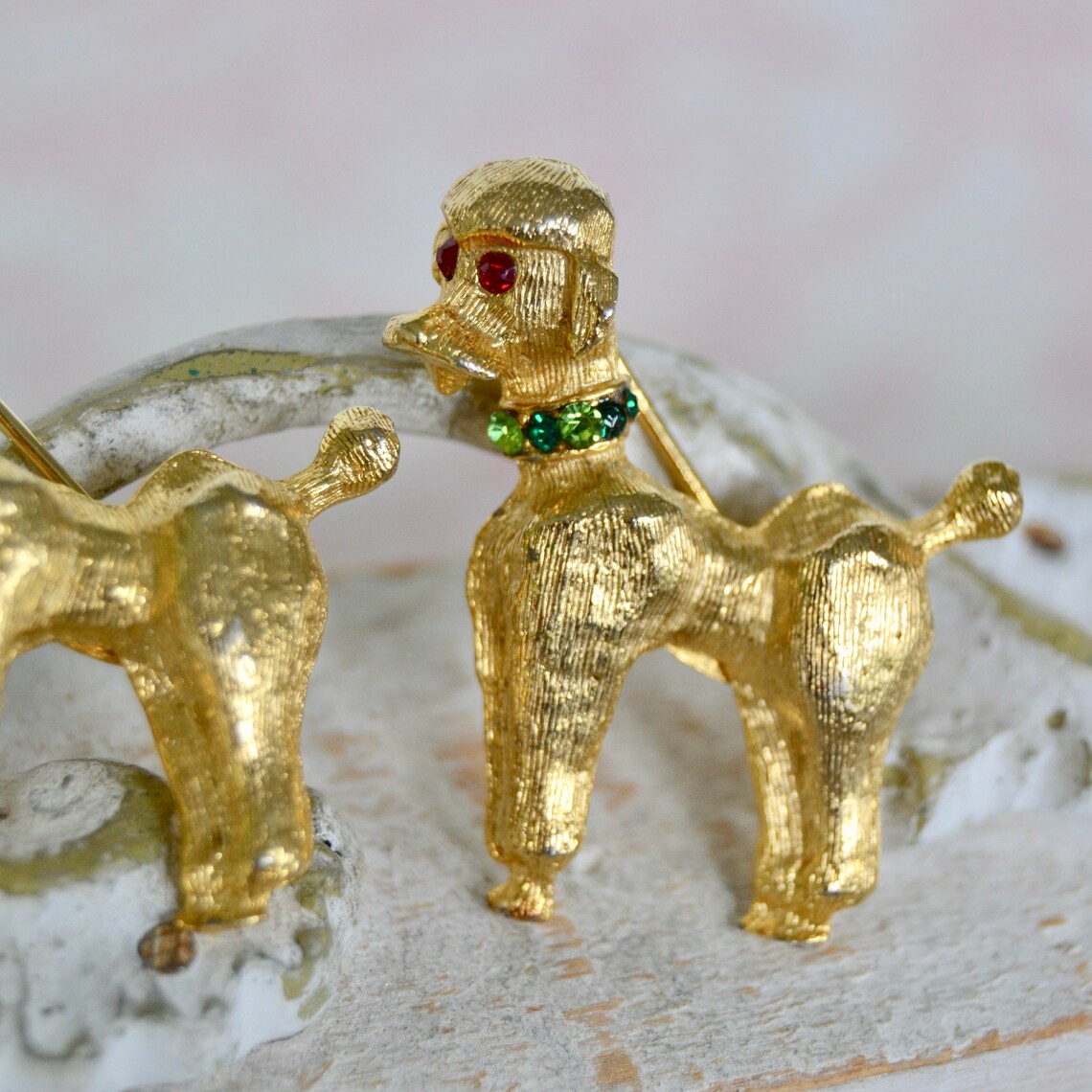 Vintage Pair of Poodle Pins Made of Gold Tone Metal With Green | Etsy