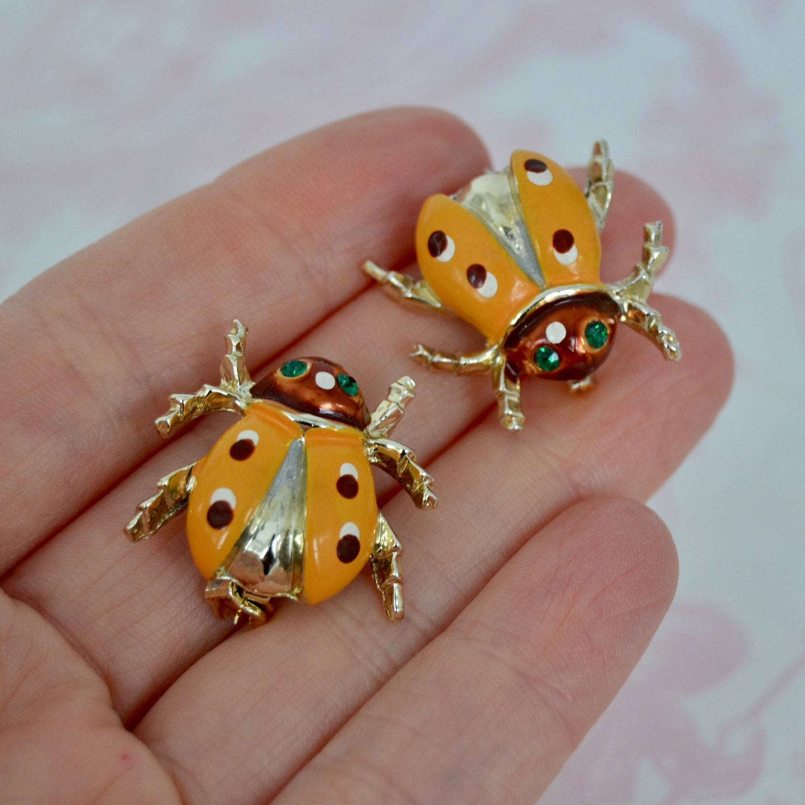 Vintage Pair of Bug Brooches with Enamel Bodies and Rhinestone | Etsy