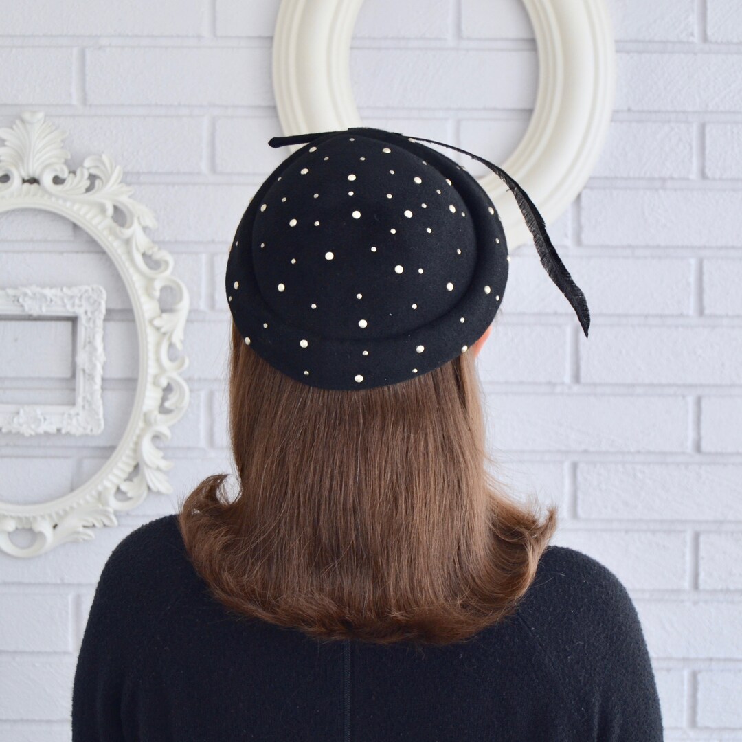 Vintage Black Wool Hat With Small Metal Studs and Black Feather by ...