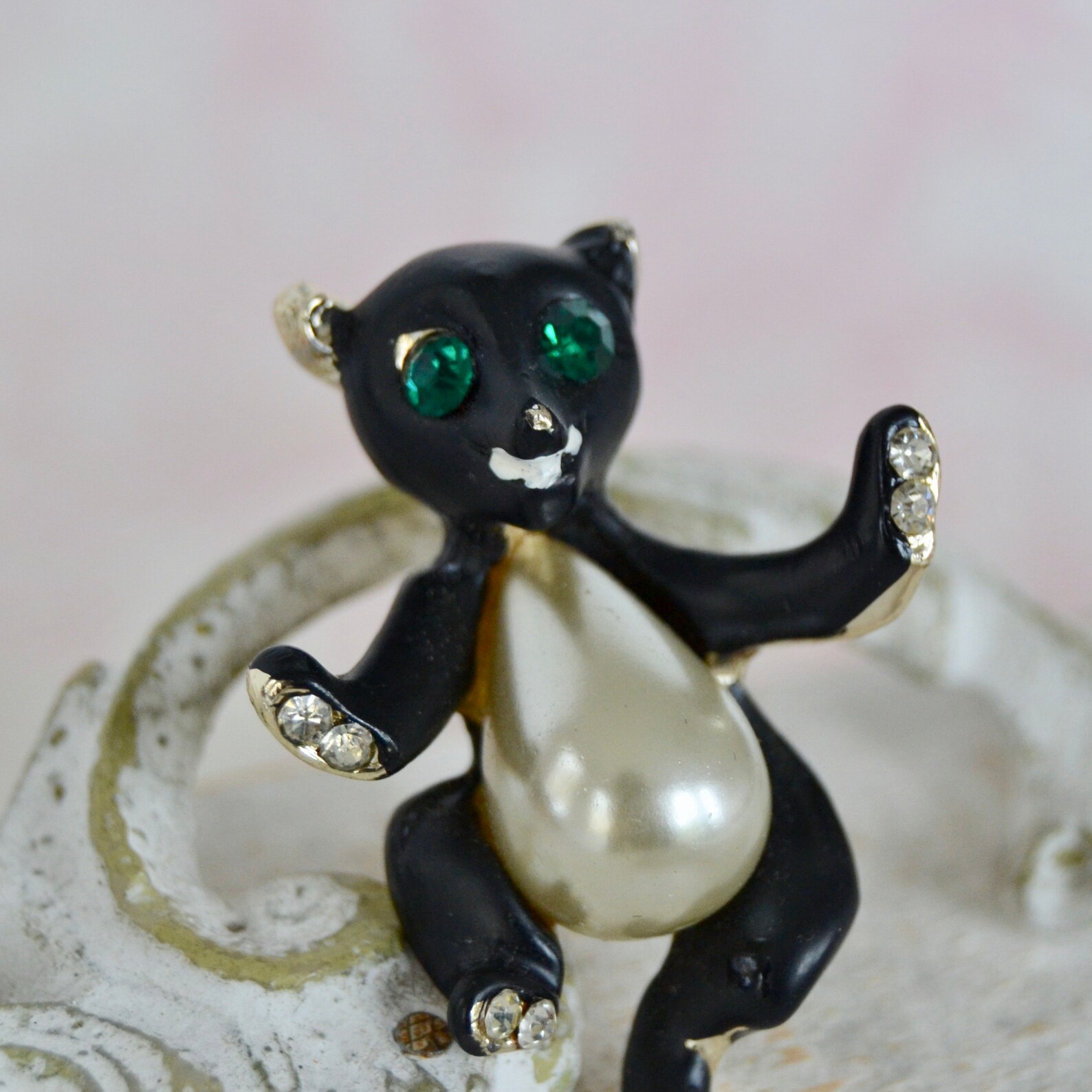 Vintage Panda Bear Brooch With Faux Pearl Belly and Green Rhinestone ...