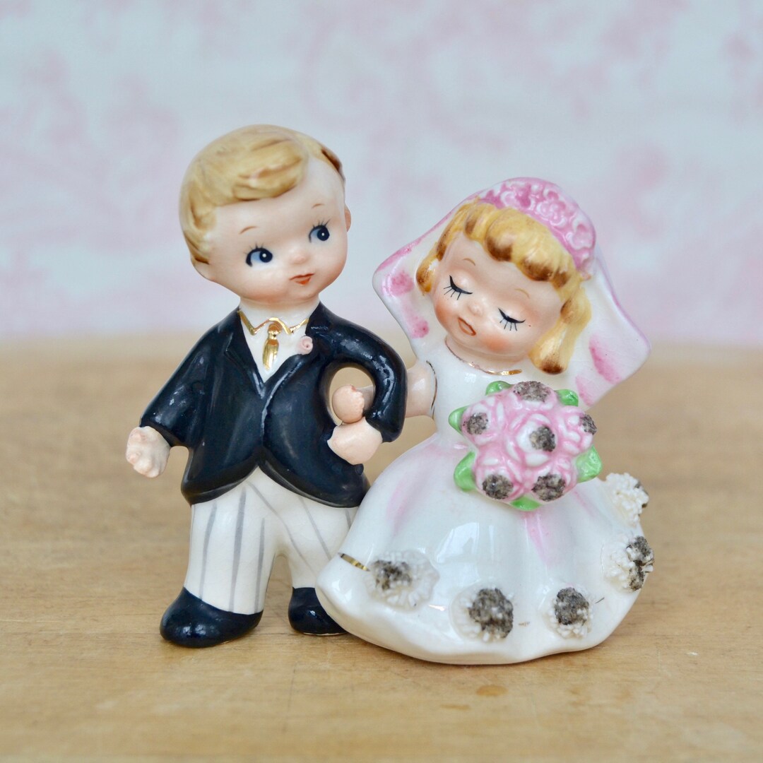 Vintage Small Bride and Groom Figurines With Gold Paint and Dark Silver ...