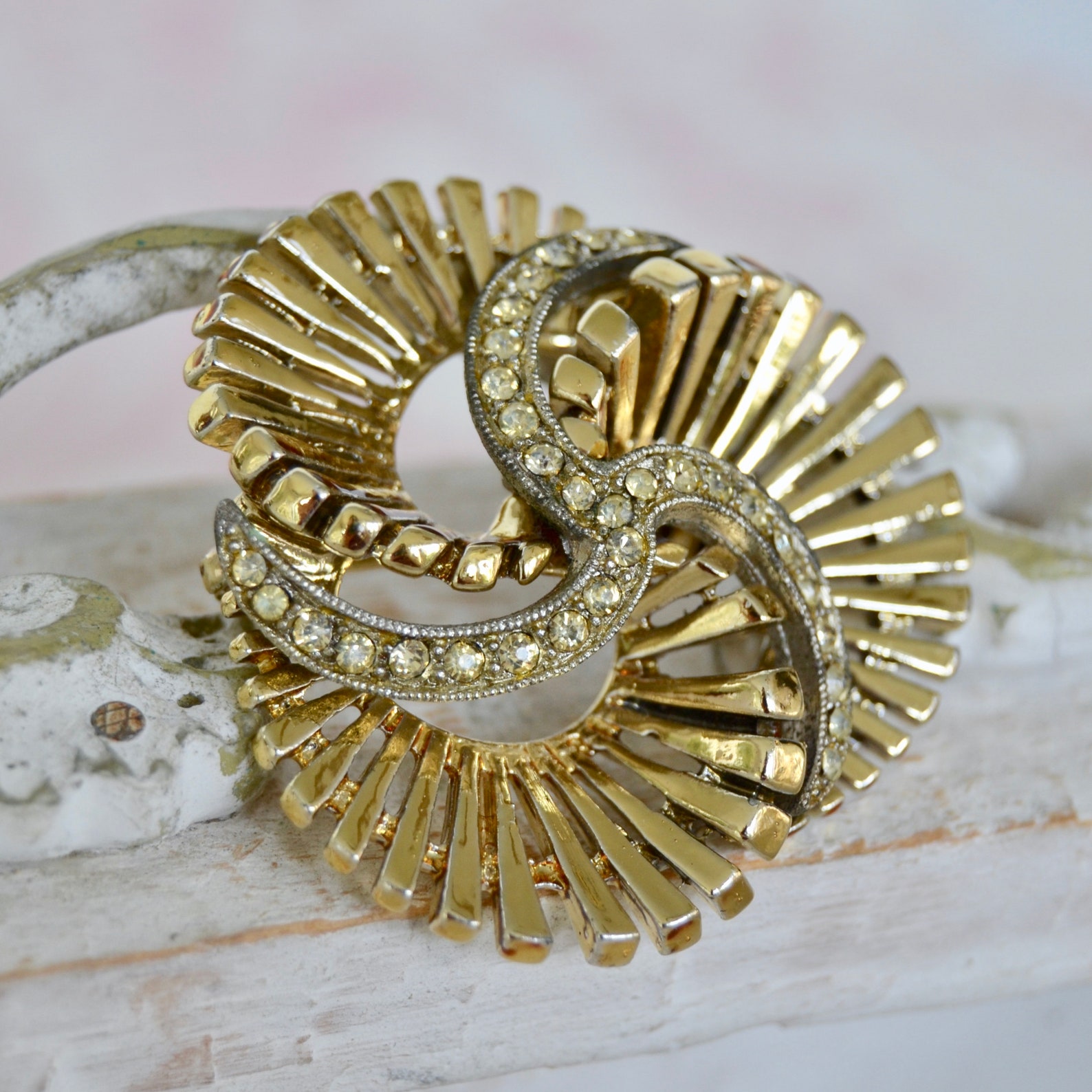 Vintage 1960s Pinwheel Brooch in Gold Tone Metal With Rhinestones by ...