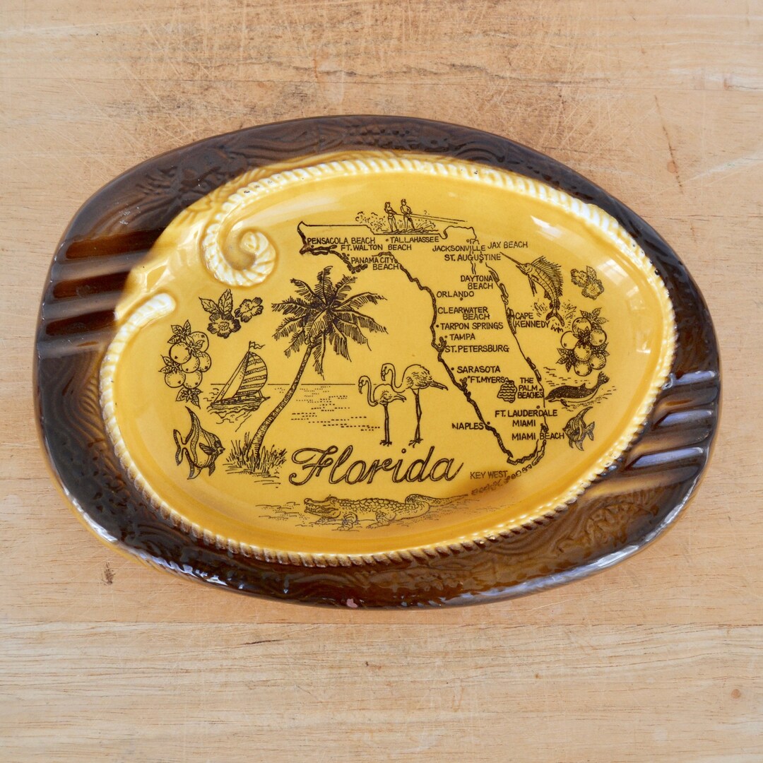 Vintage Florida Souvenir Ceramic Ashtray or Trinket Dish With State Map and Animals Made in ...