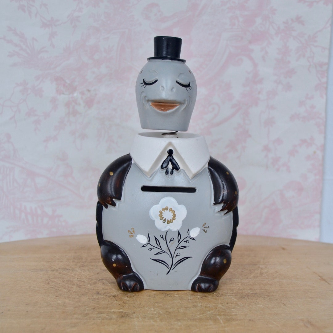 Vintage Bobblehead Turtle Ceramic Bank in Gray and Black Tuxedo With ...