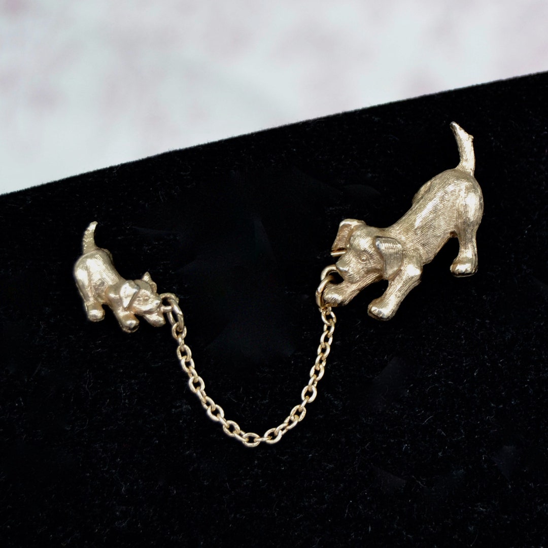 Vintage Small Stick Pin of Dogs Playing With Metal Dangling Chain by ...