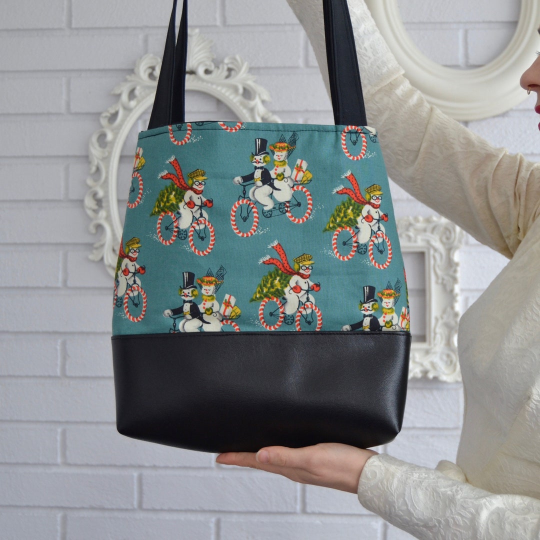 Christmas Snowman and Snow Woman on Bikes Shoulder Bag Tote With Vinyl ...