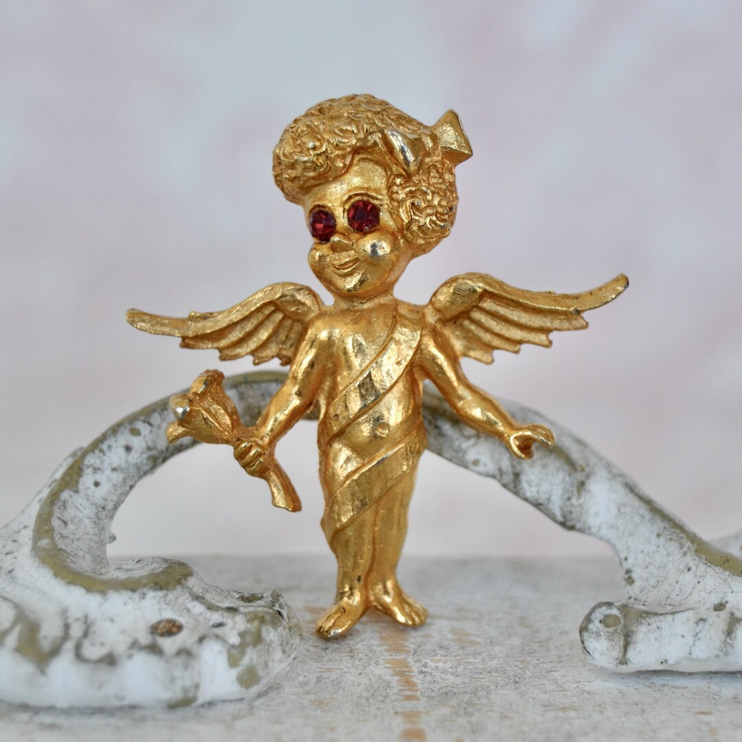 Vintage Cupid Brooch in Gold-tone Metal With Rhinestone Eyes - Etsy