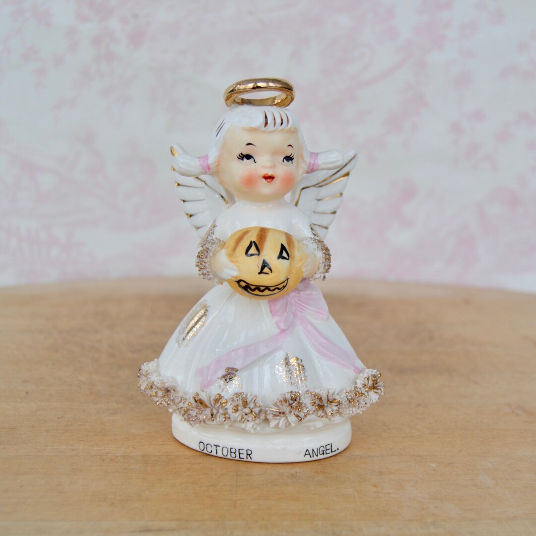 Vintage October Angel Ceramic Figurine Holding a Jack O Lantern ...