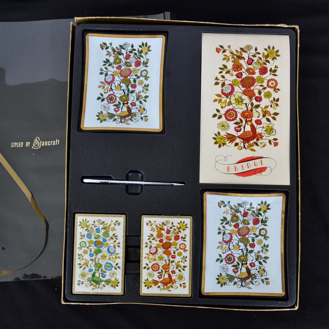 Vintage Bridge Playing Card Set With Two Glass Dishes, Score Card ...