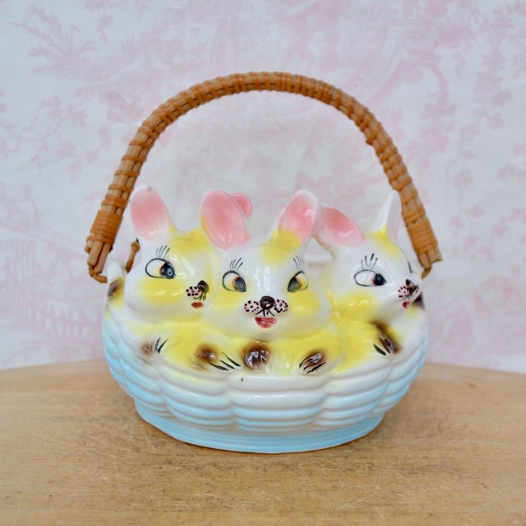Vintage Ceramic Planter Basket With Yellow Bunny Rabbits and Wicker ...