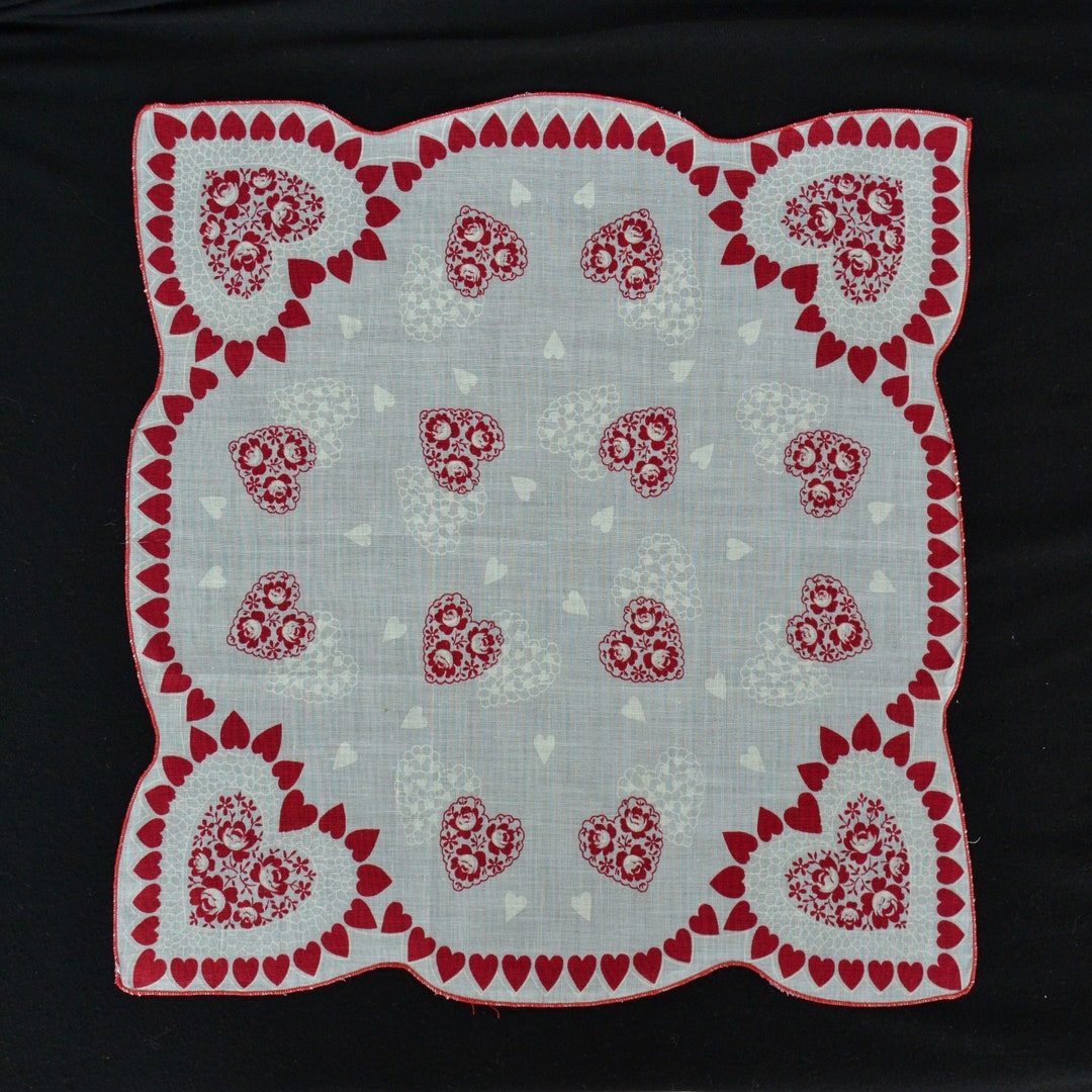 Vintage Handkerchief or Small Table Cover With Dark Red Hearts Subtle ...