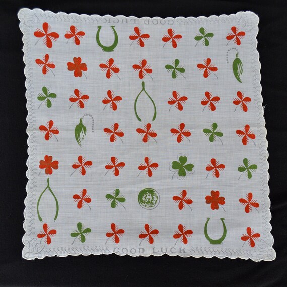 Vintage 'Good Luck' Handkerchief with Four Leaf Clove… - Gem