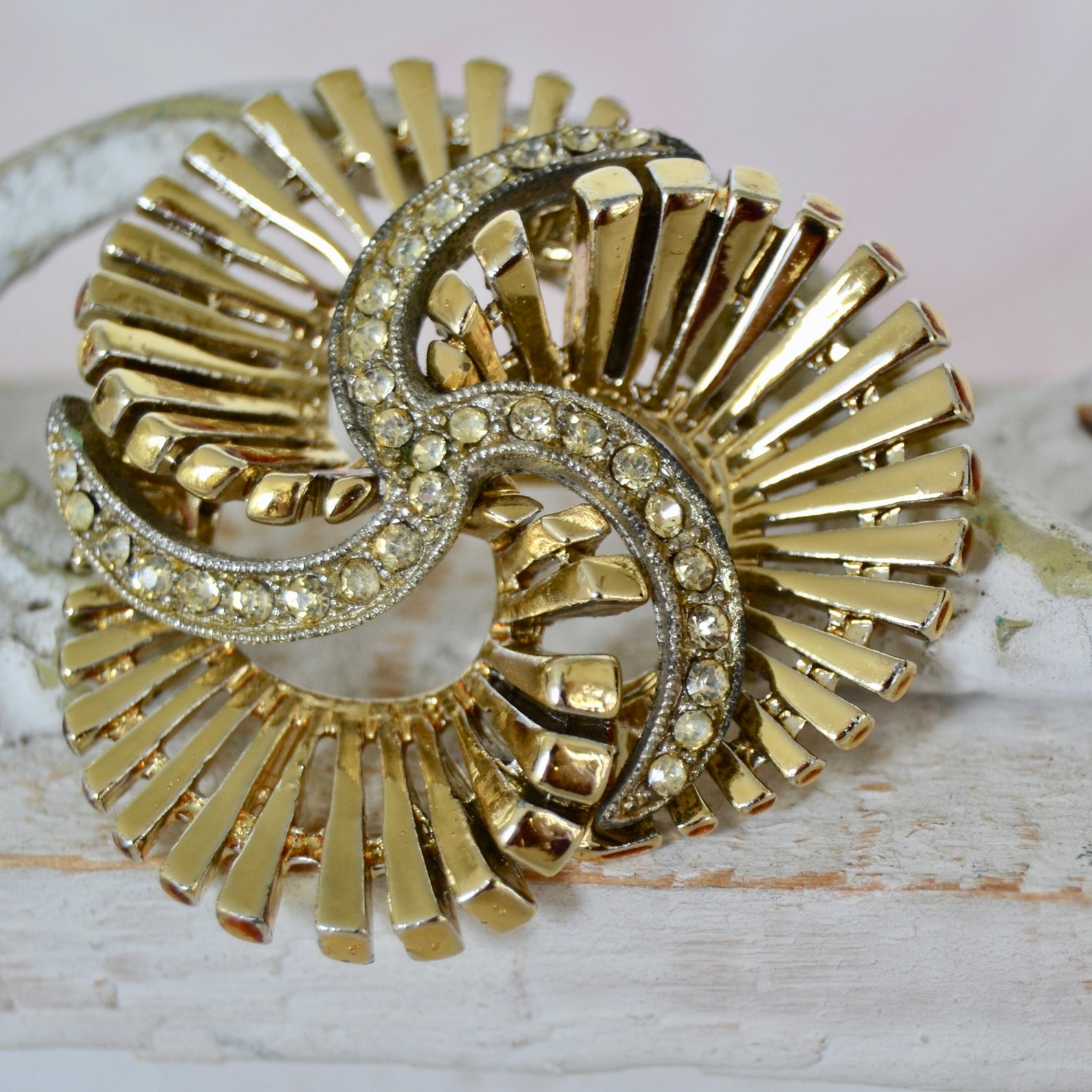 Vintage 1960s Pinwheel Brooch in Gold Tone Metal With Rhinestones by ...