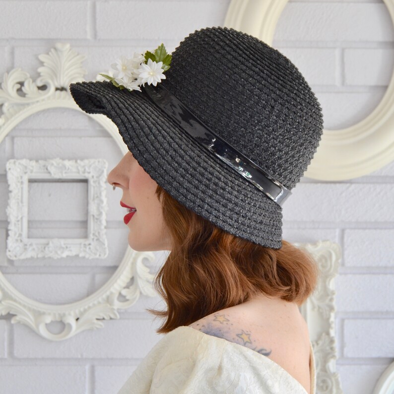 Vintage 1960s Black Woven Raffia Hat With Fabric Flowers and - Etsy