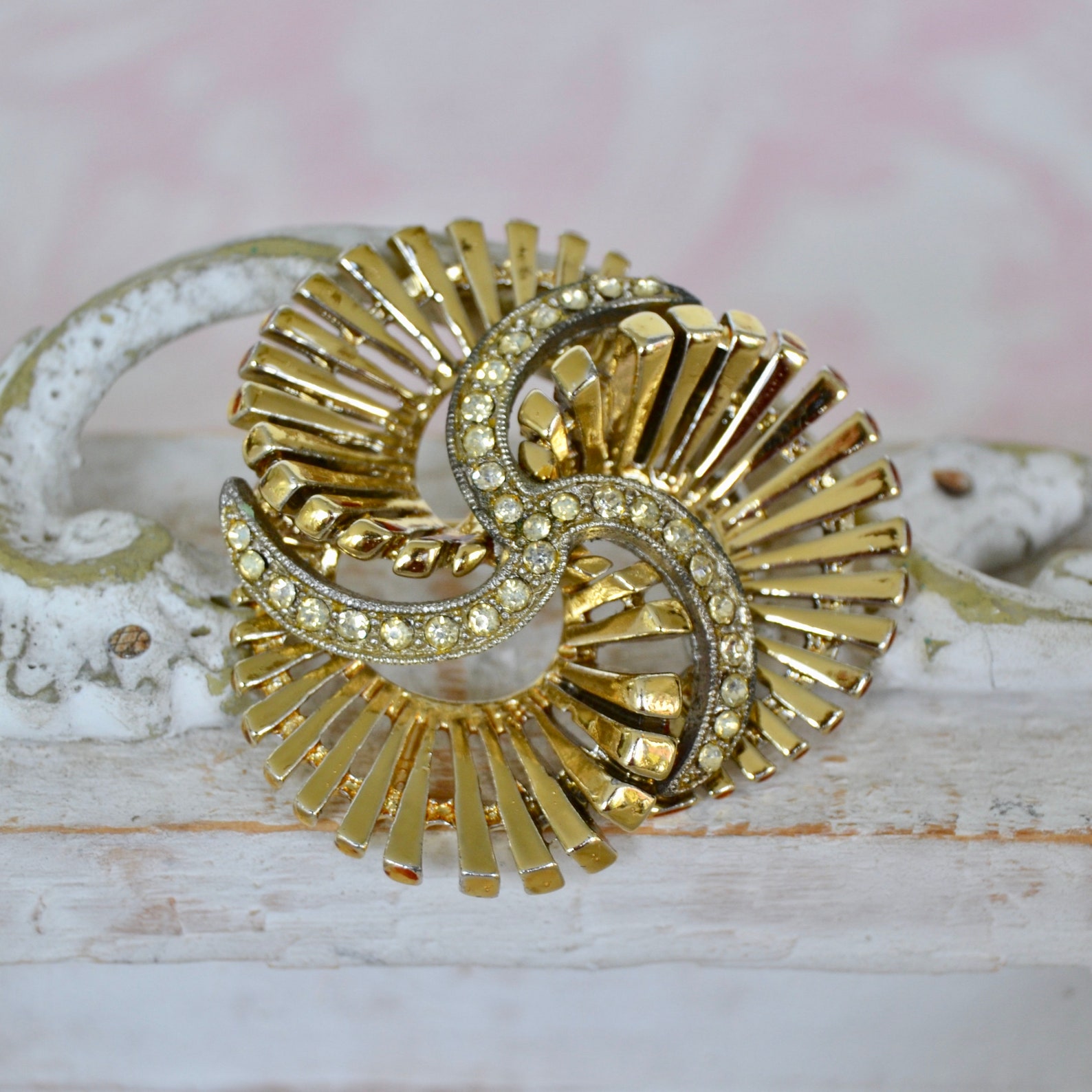 Vintage 1960s Pinwheel Brooch in Gold Tone Metal With Rhinestones by ...
