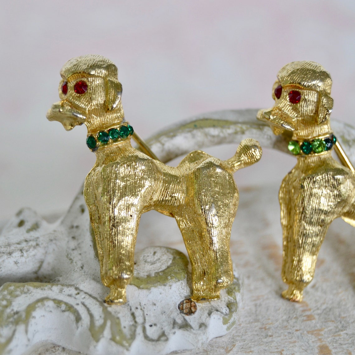 Vintage Pair of Poodle Pins Made of Gold Tone Metal With Green - Etsy