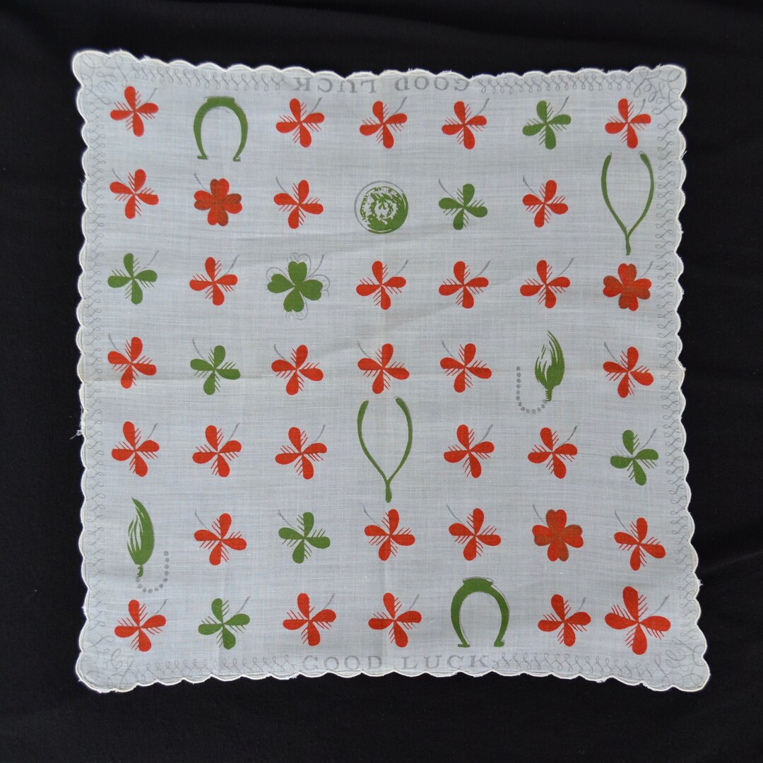 Vintage 'good Luck' Handkerchief With Four Leaf Clovers and Wishbones ...