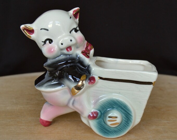 Vintage Dapper Pig Pushing a Cart Ceramic Planter With Gold Painted ...