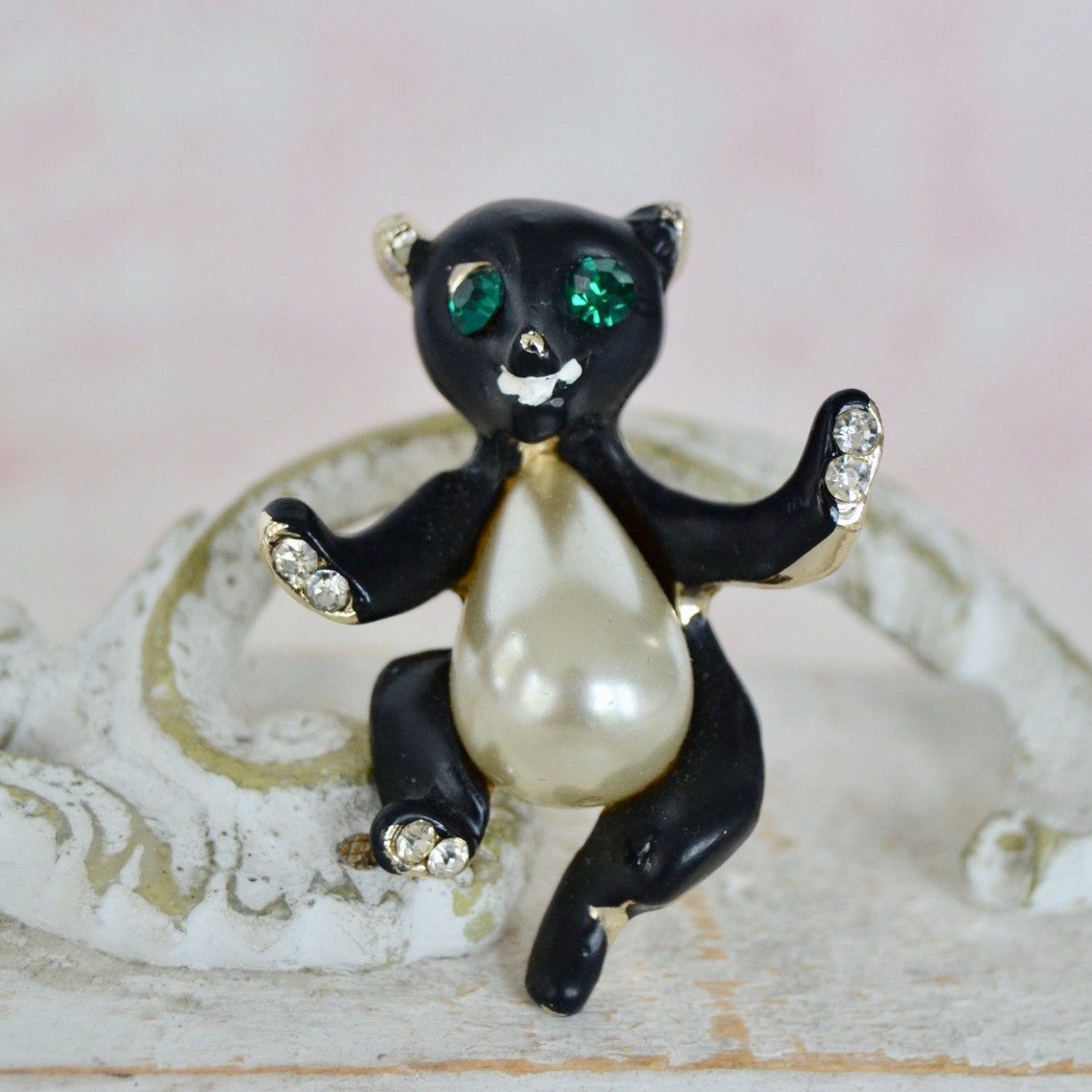 Vintage Panda Bear Brooch With Faux Pearl Belly and Green - Etsy