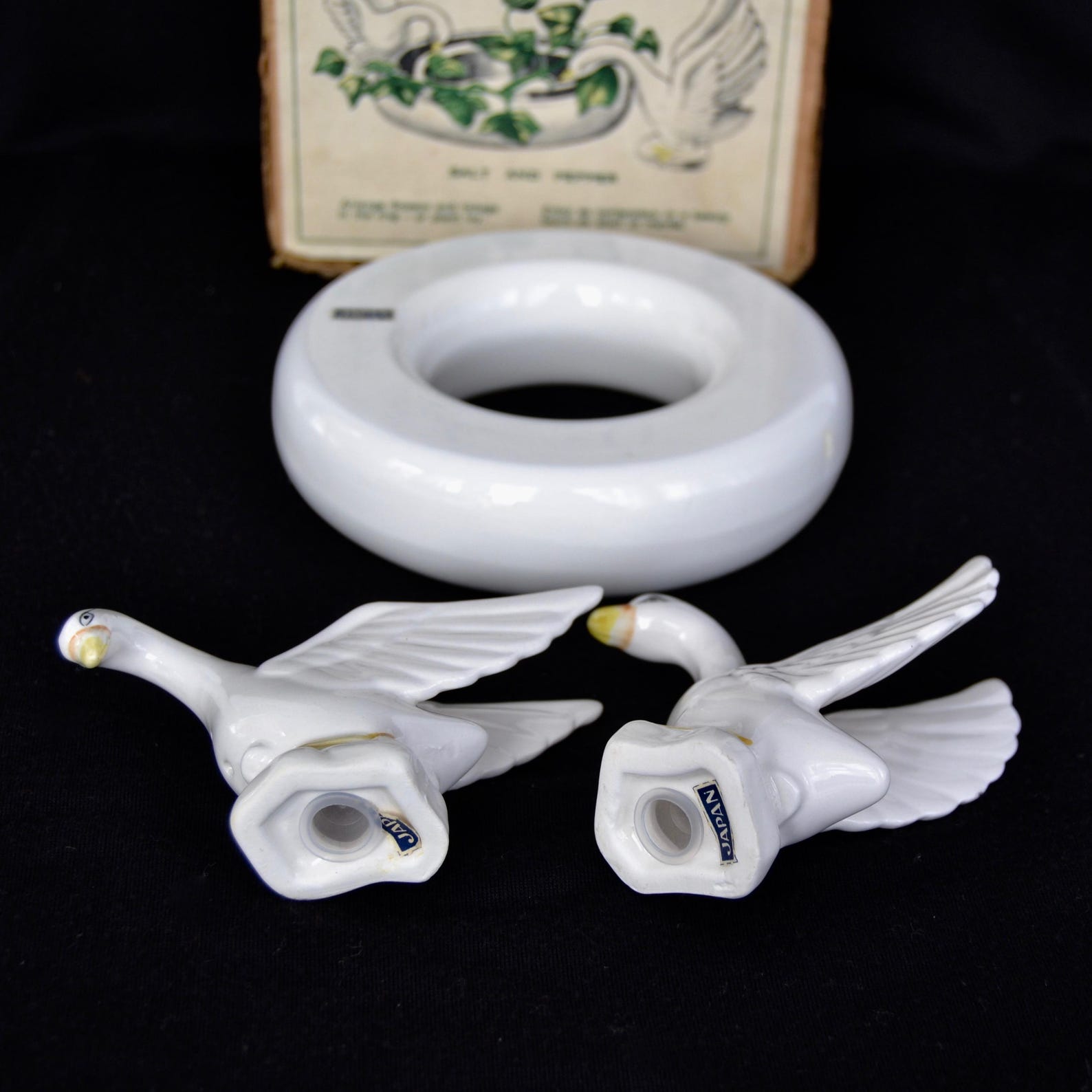 Vintage Swan Salt and Pepper Shaker Set With Flower Ring in Original ...