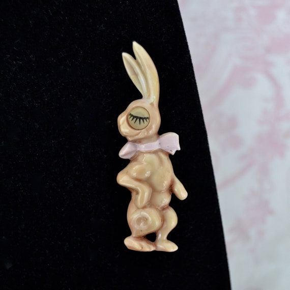 Vintage Celluloid Bunny Rabbit Plastic Brooch with Wi… - Gem