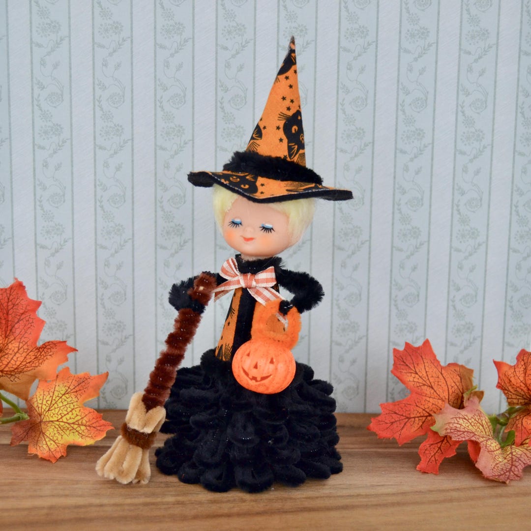 Miss Kitsch Witch Halloween Doll With Cat Fabric, Handmade With Pipe ...