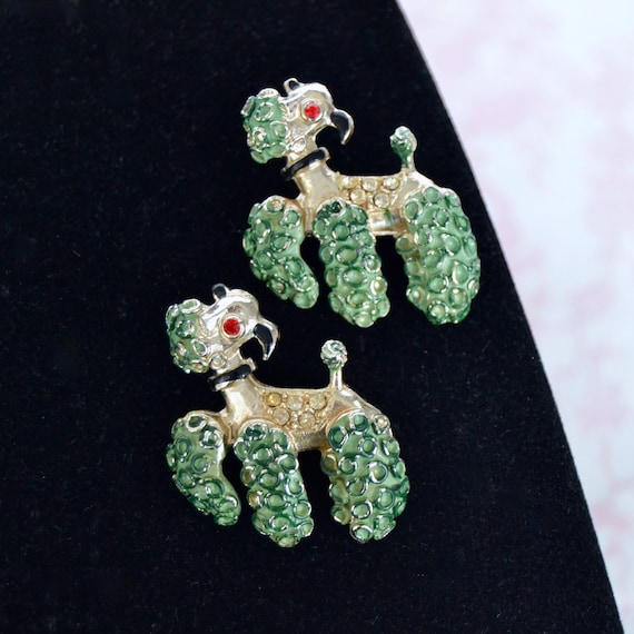 Vintage Pair of Poodle Pins with Green Paint and Rhinestone | Etsy