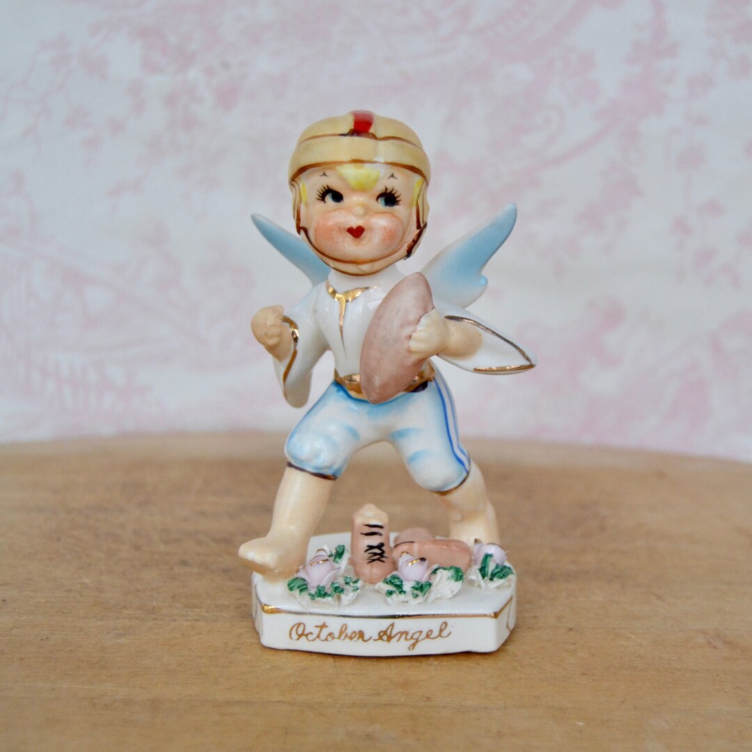 Vintage October Angel Ceramic Figurine of Boy Angel Playing Football by ...