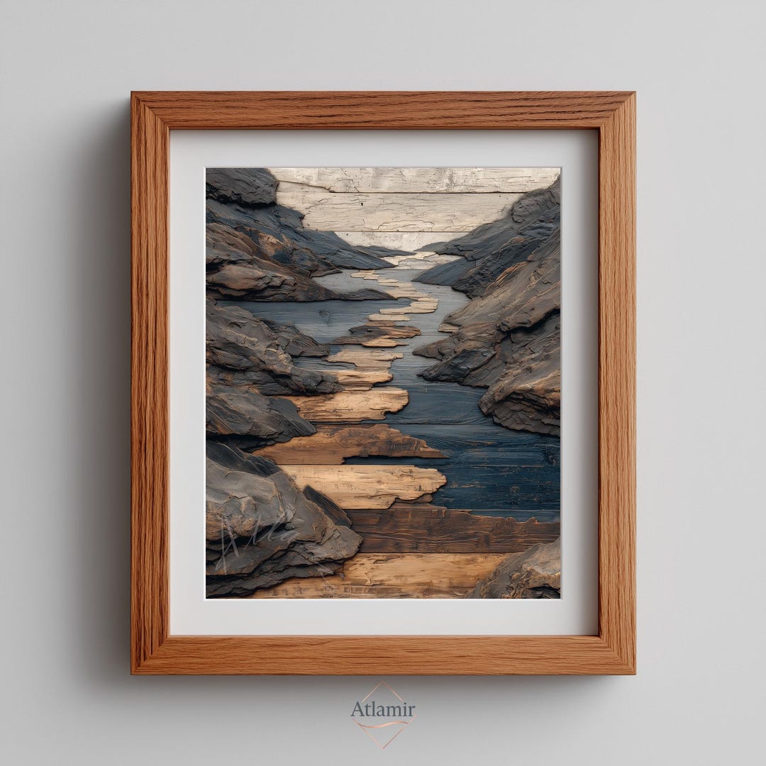 Rustic River Landscape With Diagonal Stone Banks - Printable Earthy ...
