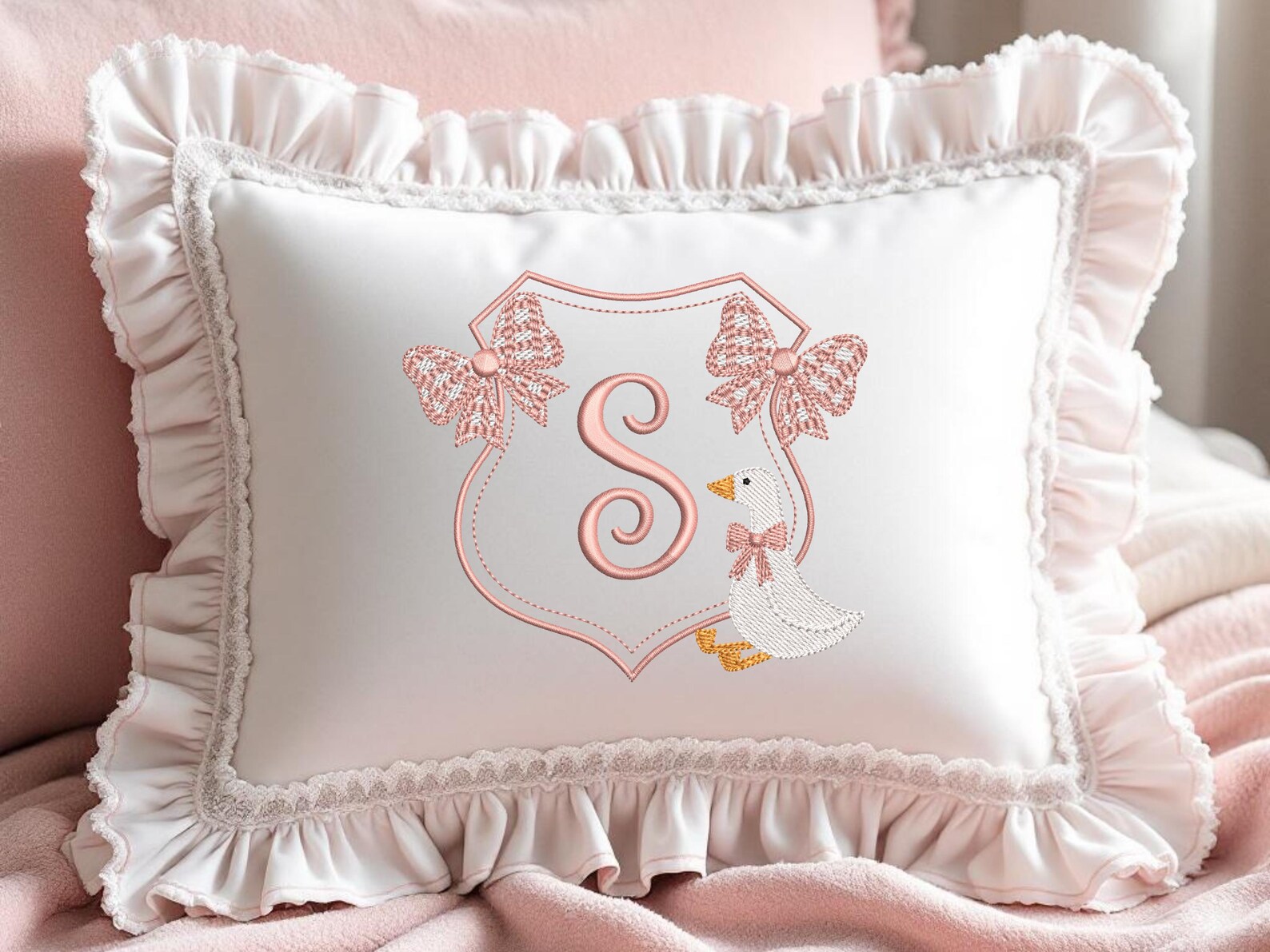 Goose Embroidery, Gingham Bow Monogram Crest & Monogram Frame, Nursery ...