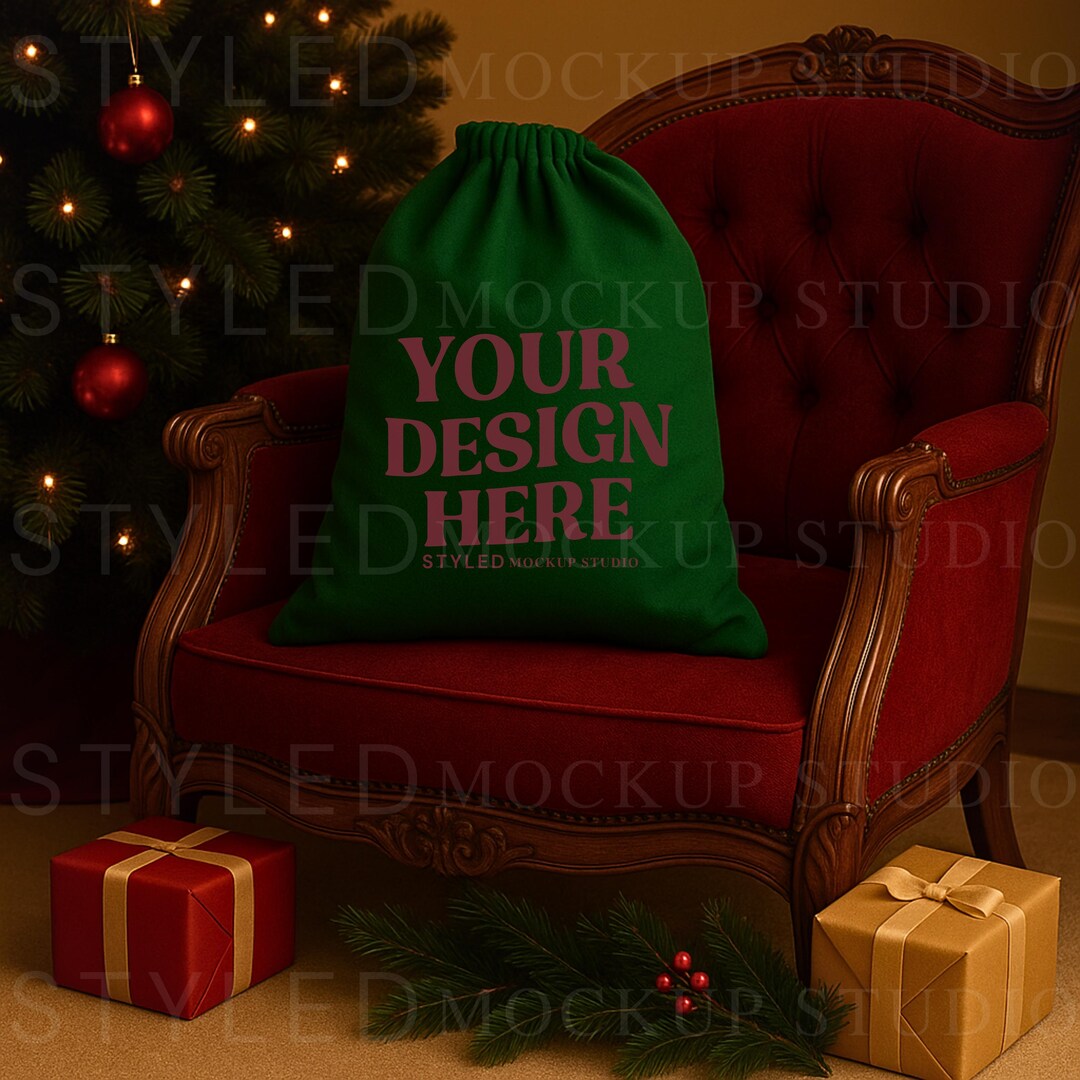 Green Santa Sack Mockup | Christmas Gift Bag on Chair Scene (JPG) - Etsy
