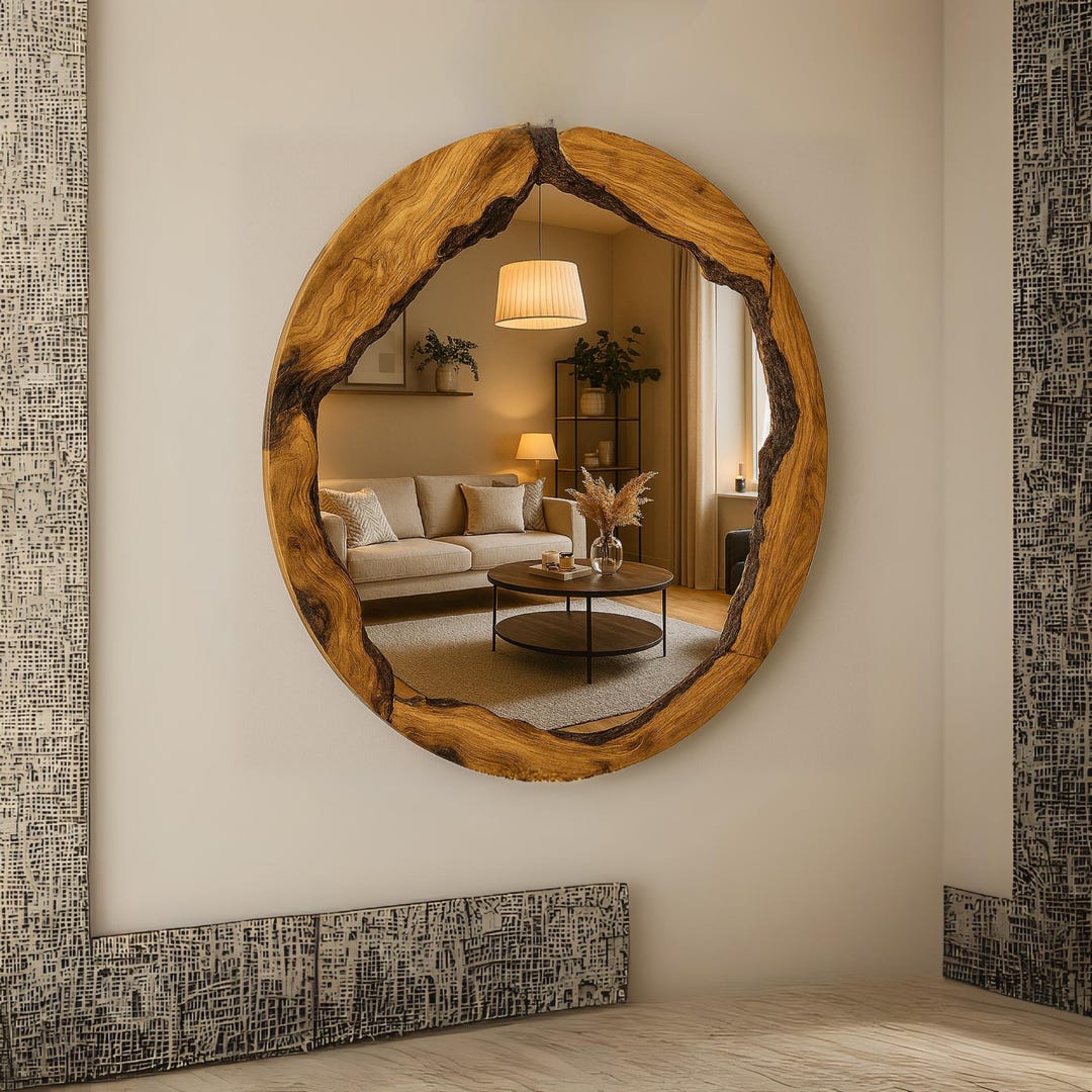 Round Live Edge Wood Wall Mirror for Living Room or Entryway, Olive ...