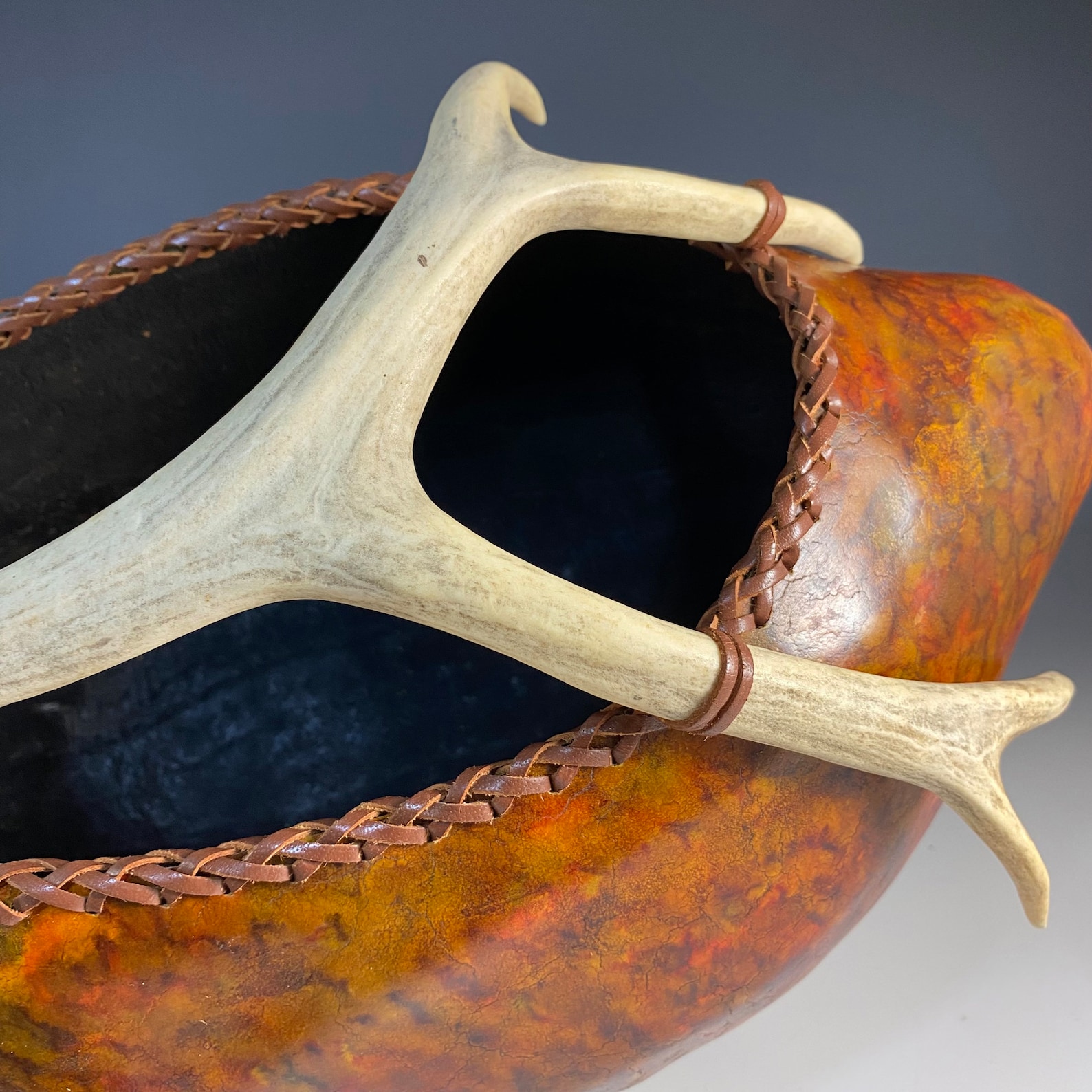 Gourd Art Vessel Dyed With Transtint. Leather Lacing Woven Rim. Antler ...