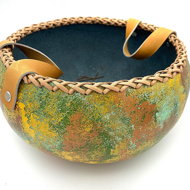 Gourd Vessel With Leather Handles With Rivets, Leather Lacing on Rim ...