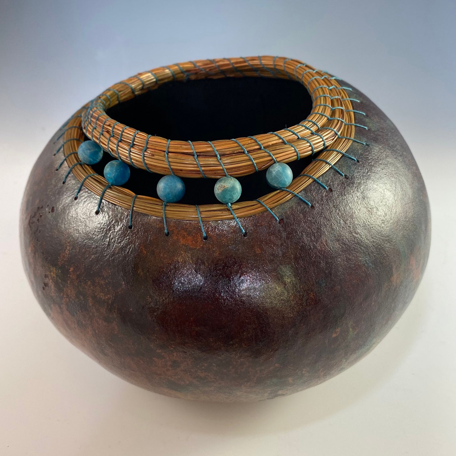 Gourd Art Vessel Dyed With Transtint Dye. Pine Needles and Blue Beads ...