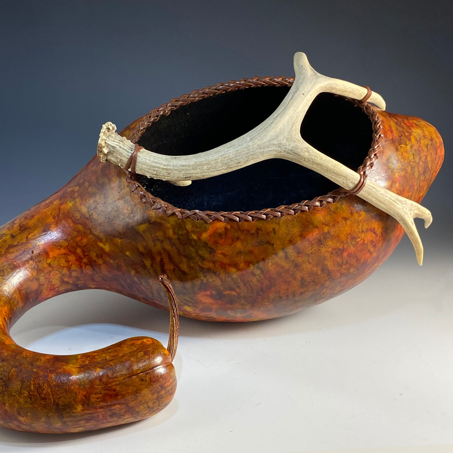 Gourd Art Vessel Dyed With Transtint. Leather Lacing Woven Rim. Antler ...
