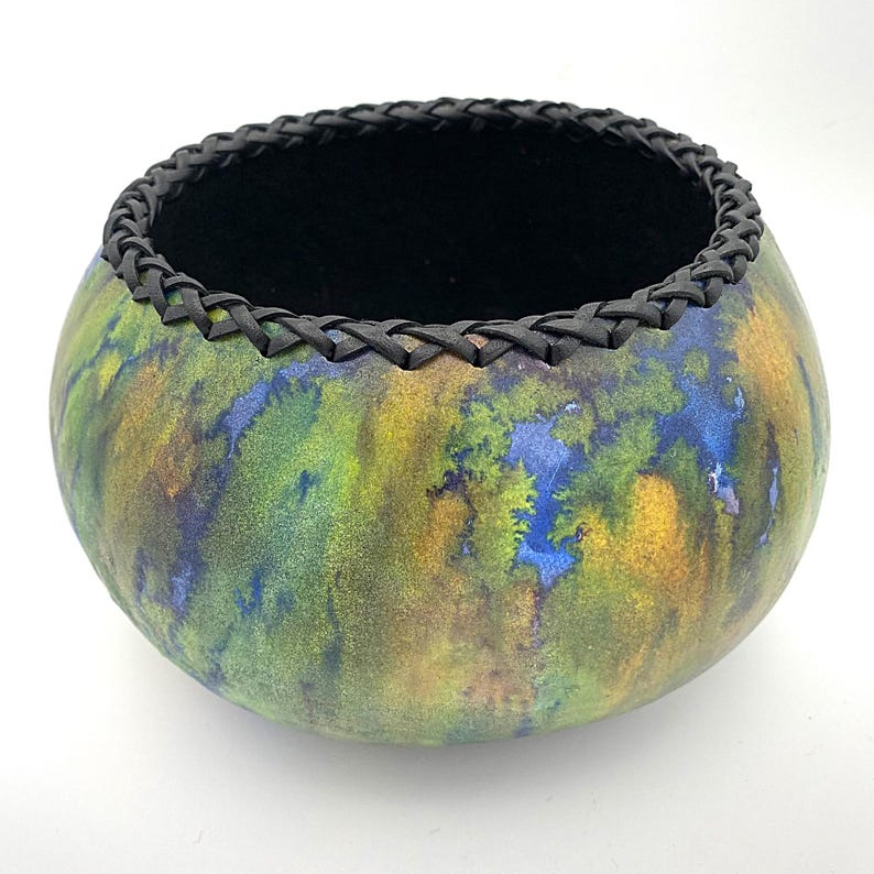 Gourd Vessel With Transtint Dye Finish. Braided Leather Lacing on Rim ...