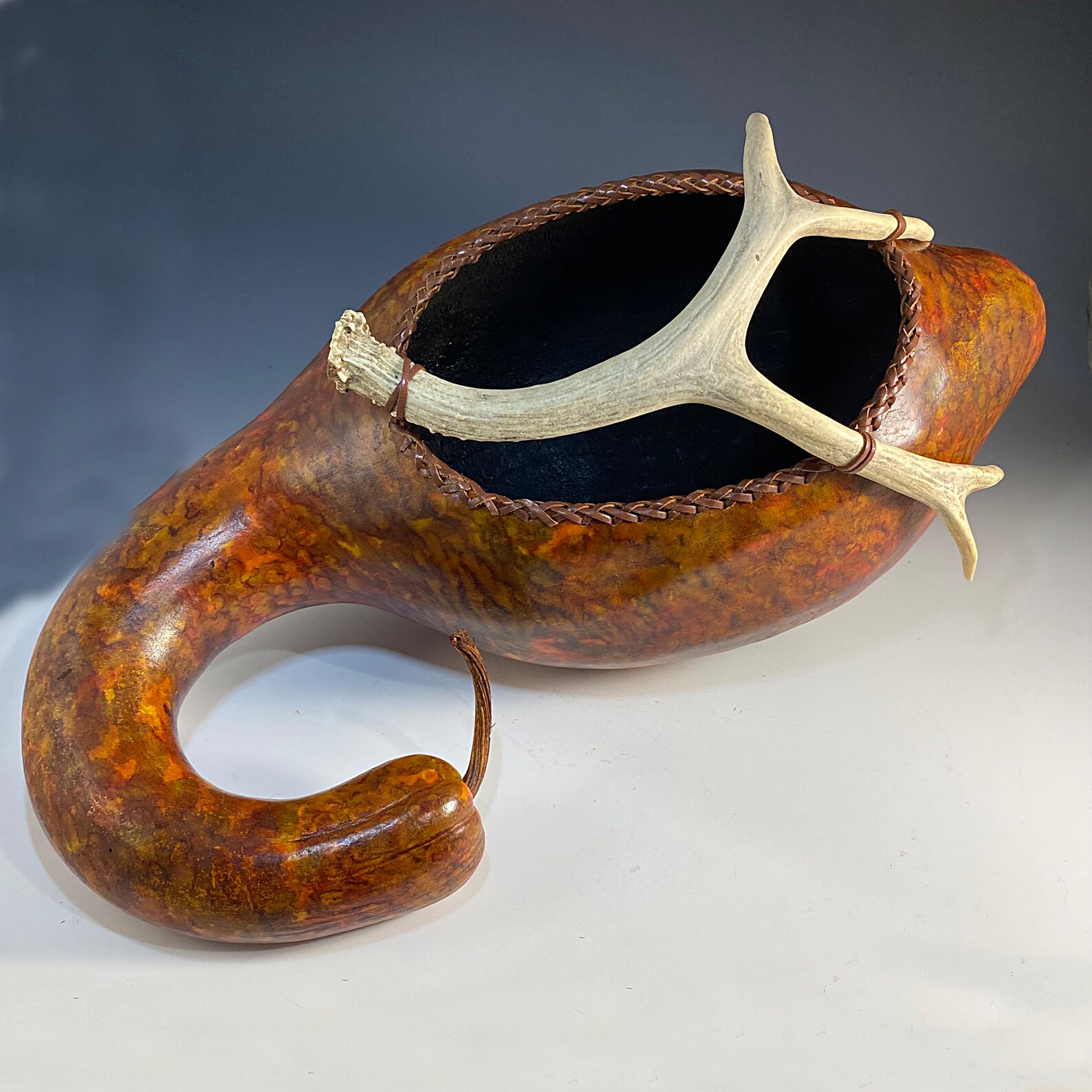 Gourd Art Vessel Dyed With Transtint. Leather Lacing Woven Rim. Antler ...