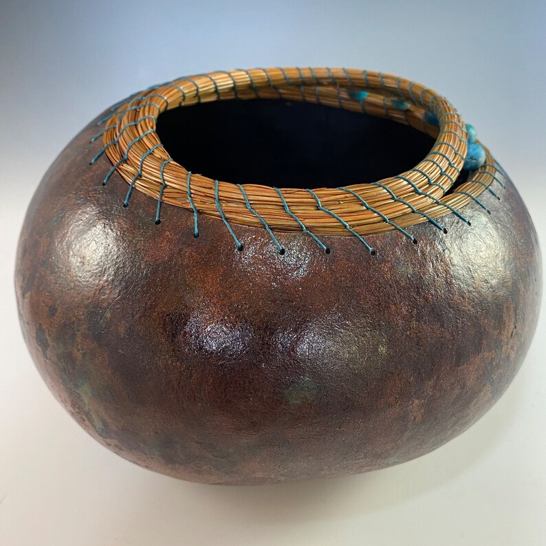 Gourd Art Vessel Dyed With Transtint Dye. Pine Needles and Blue Beads ...