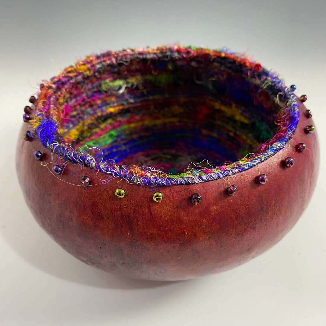 Gourd Bowl With Recycled Sari Silk Yarn on the Inside, Dyed Outside ...